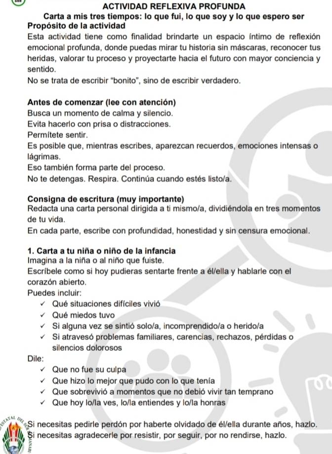 Resuelto:ACTIVIDAD REFLEXIVA PROFUNDA Carta a mis tres tiempos: lo que ...