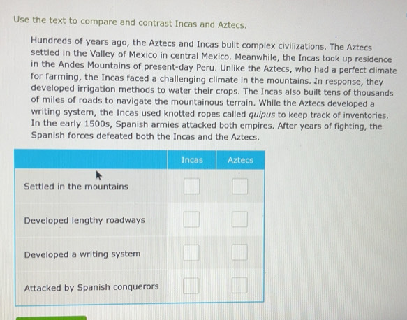 Solved: Use the text to compare and contrast Incas and Aztecs. Hundreds ...