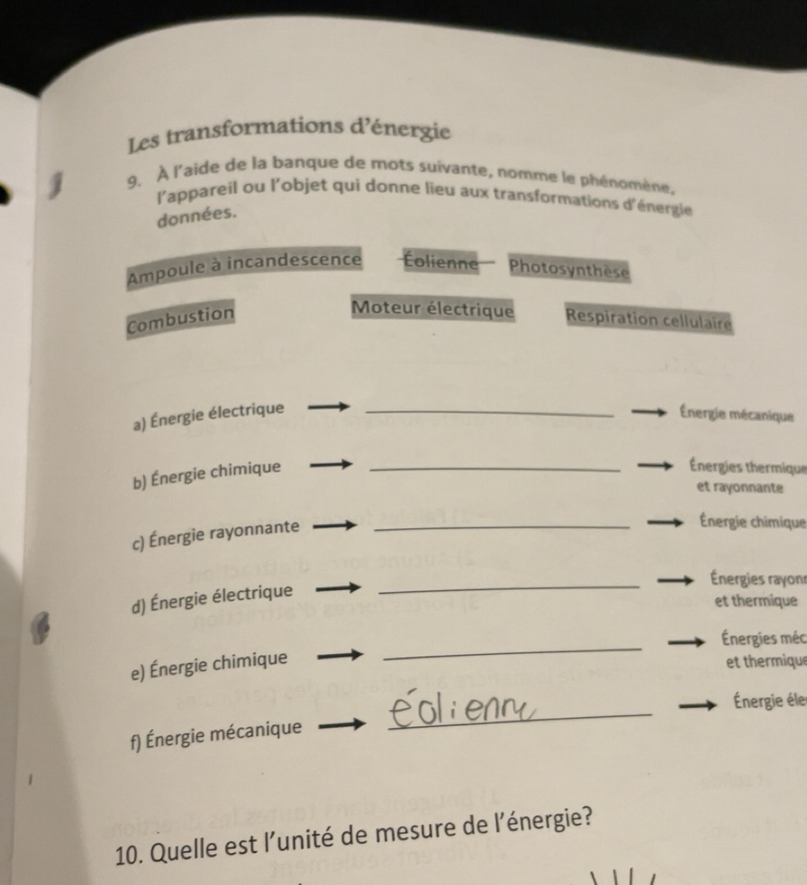 Solved: Les transformations d'énergie 9. À l'aide de la banque de mots ...