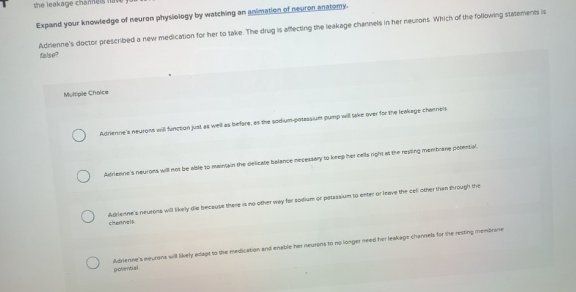 Solved: the leakage chann e i s h v Expand your knowledge of neuron ...