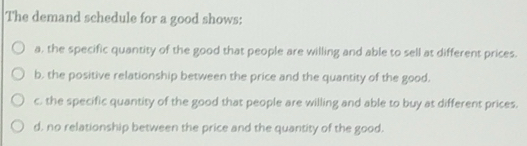 Solved: The demand schedule for a good shows: a, the specific quantity ...