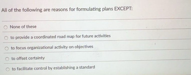 Solved: All of the following are reasons for formulating plans EXCEPT ...