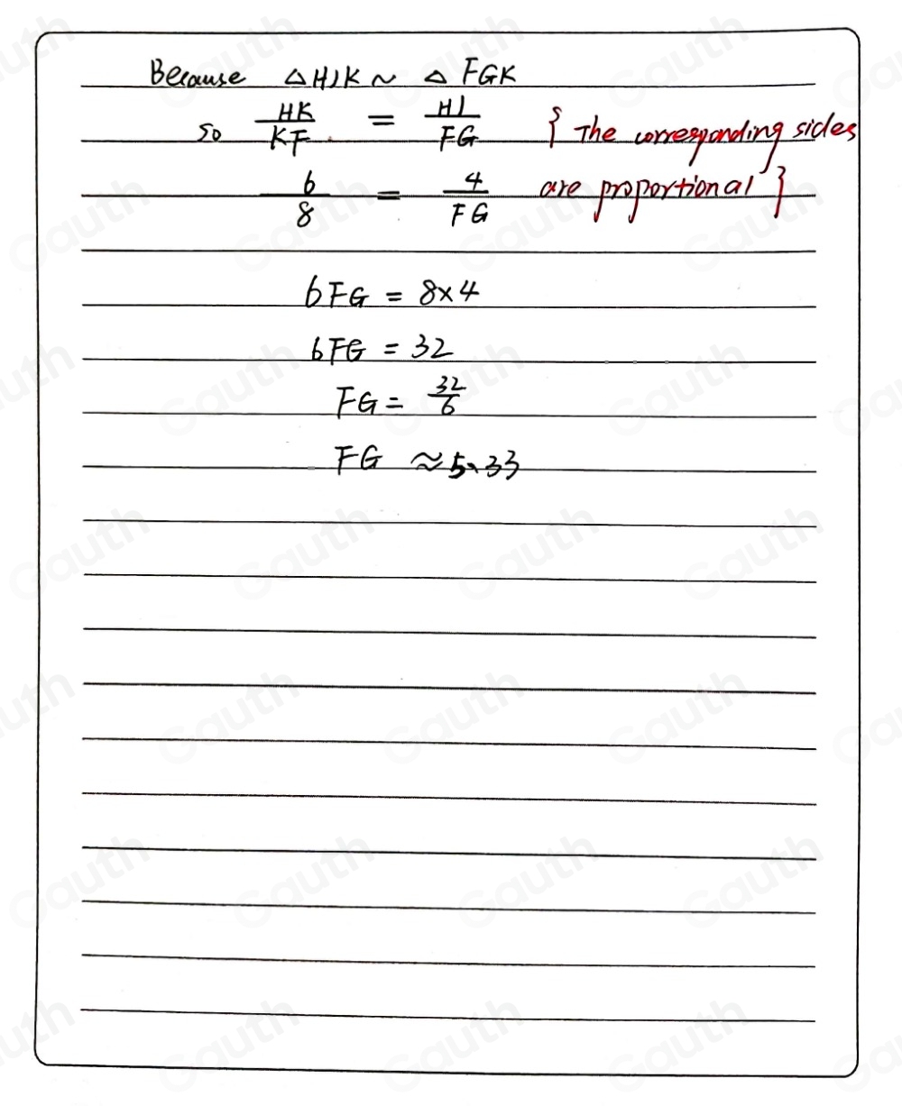 Solved: In the drawing, HJKsim FGK. If HK=6, KF=8 , and HJ=4, find FG ...