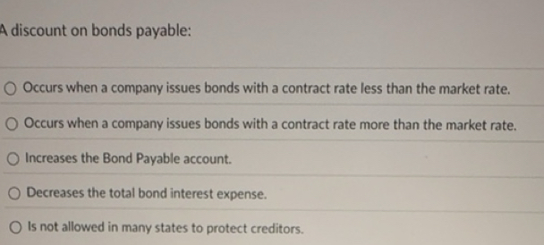 Solved: A discount on bonds payable: Occurs when a company issues bonds ...