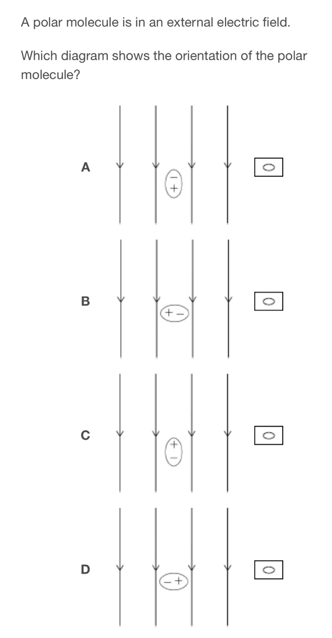 Gelöst:A polar molecule is in an external electric field. Which diagram ...