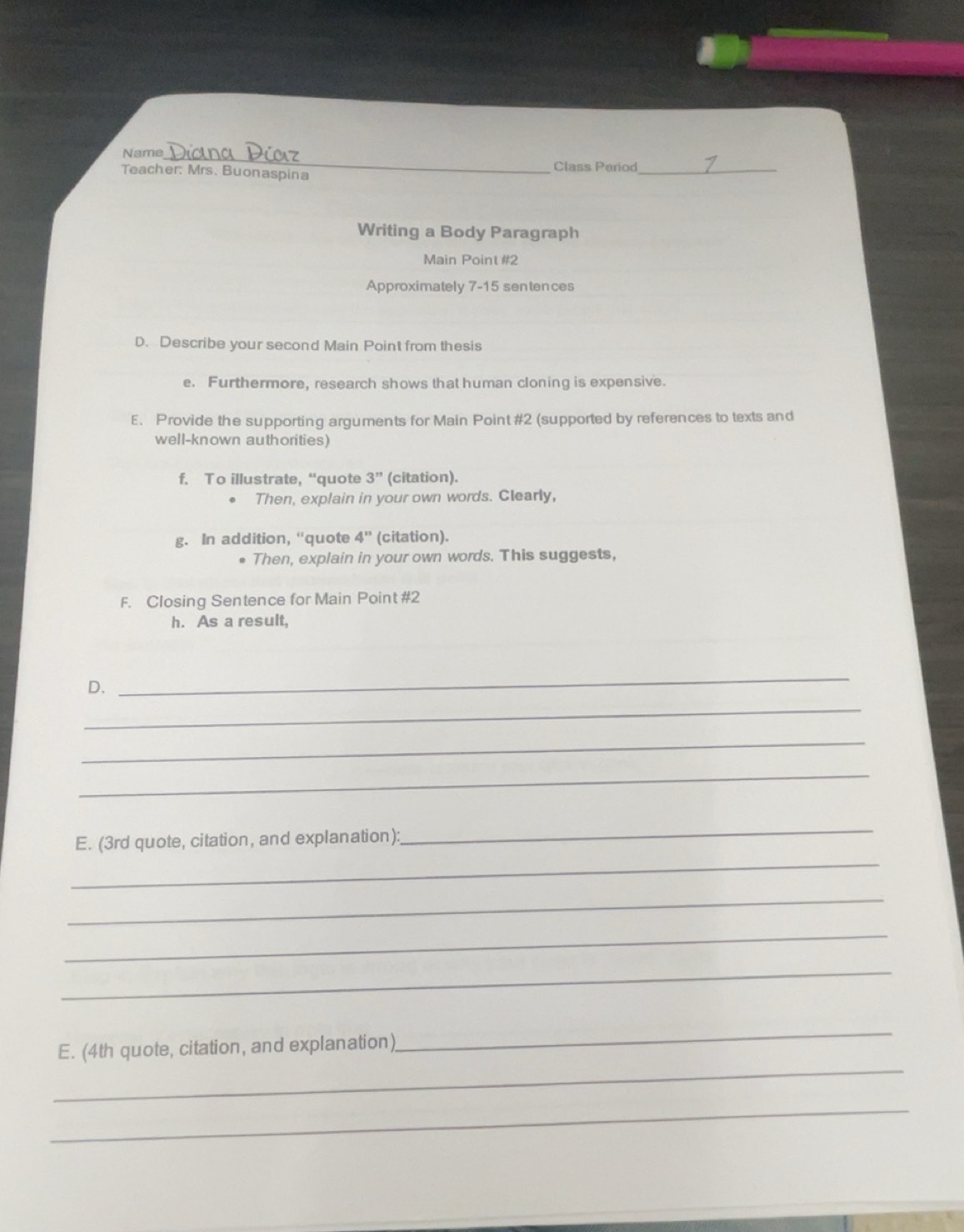 Solved: Name _Class Period_ Teacher: Mrs. Buonaspina Writing a Body ...