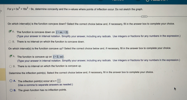 Solved: For y=3x^3+18x^2-9x , determine concavity and the x -values ...