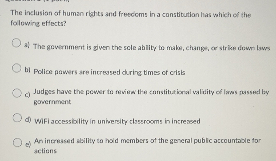 Solved: The inclusion of human rights and freedoms in a constitution ...