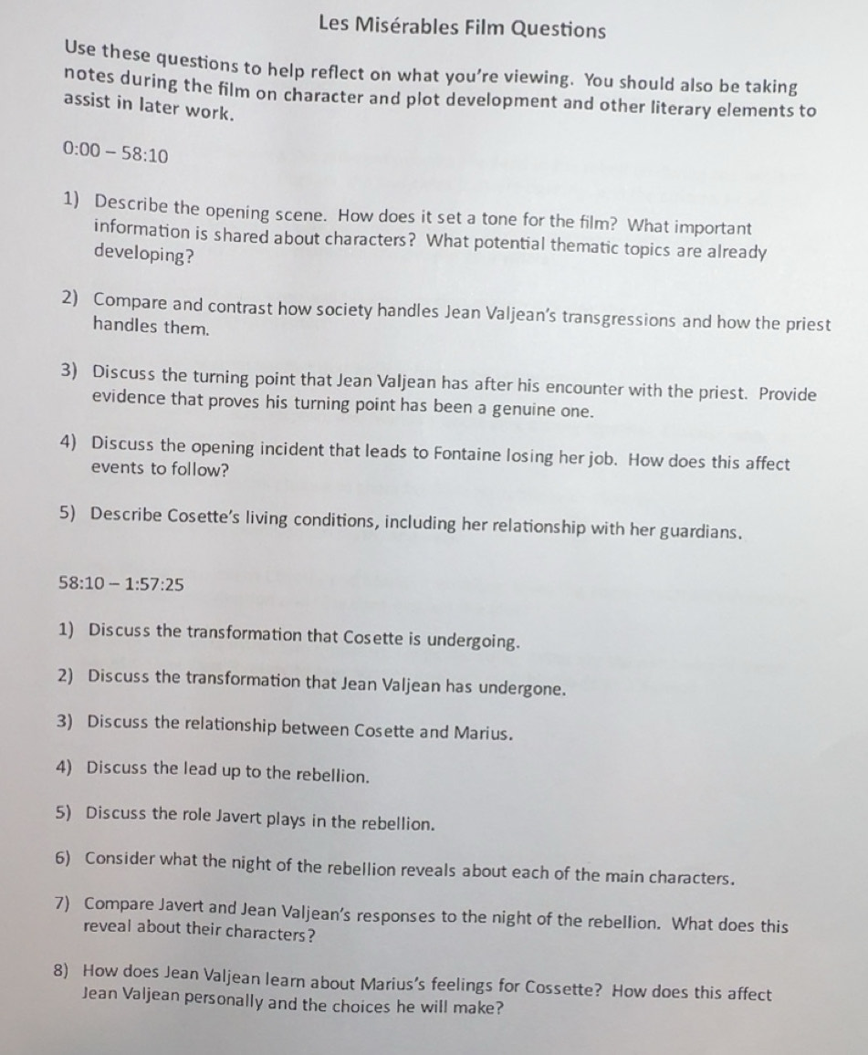Solved: Les Misérables Film Questions Use these questions to help ...