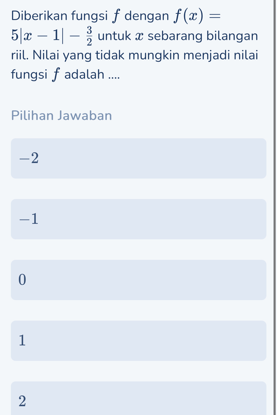 Telah dijawab:Diberikan fungsi f dengan f(x)= 5|x-1|- 3/2 untuk x sebarang bilangan riil. Nilai ...