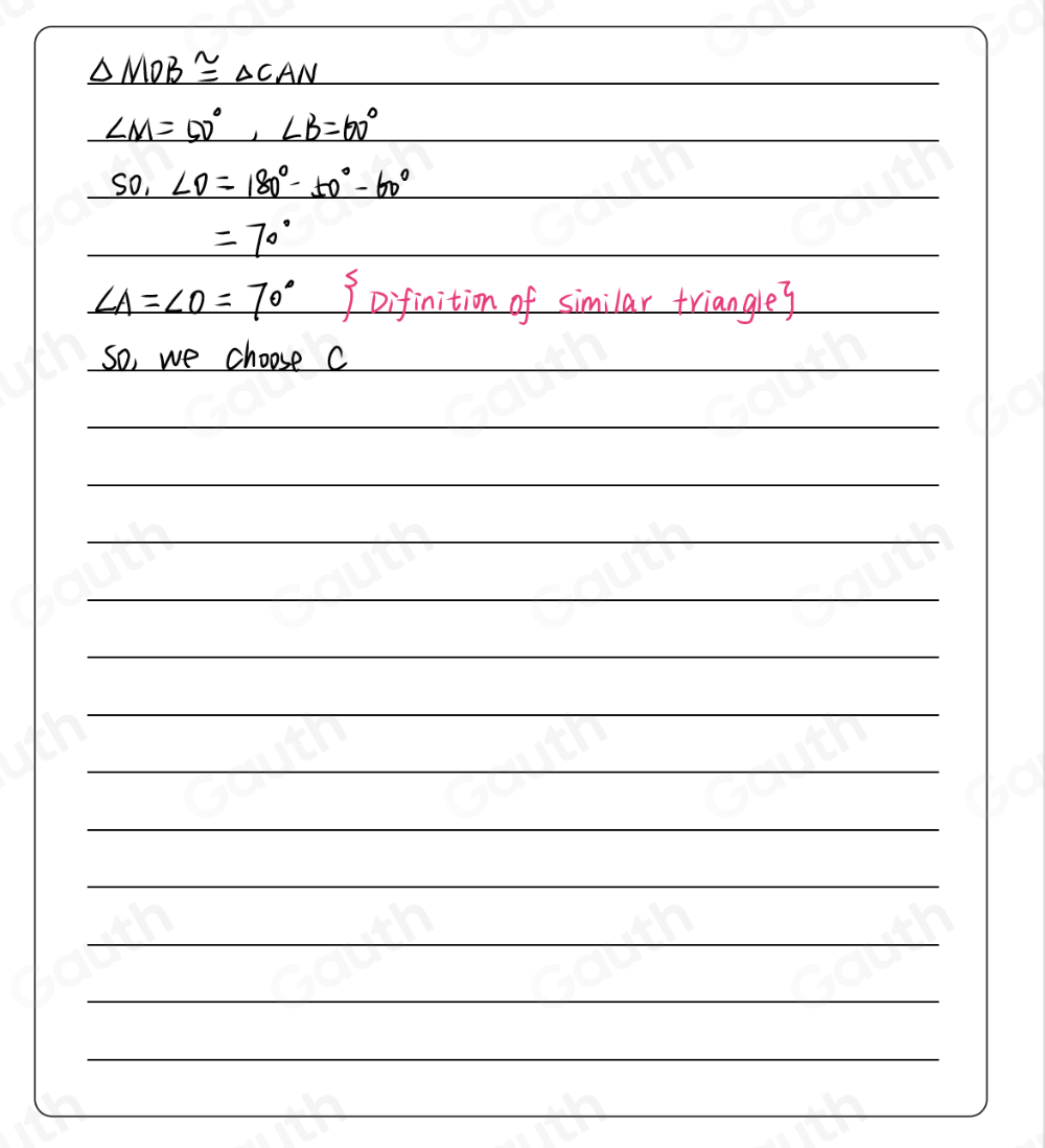 Solved: Given that MOB≌ CAN, ∠ M=50° and ∠ B=60° , find ∠ A. A. 50° C. 70° B. 60° D. 110° [Math]