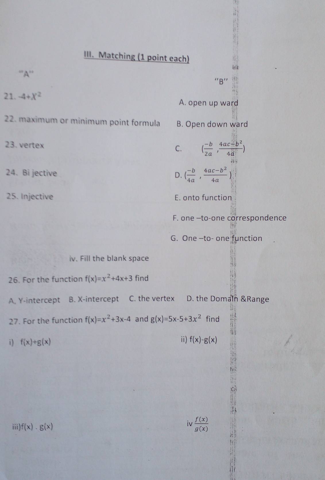 Résolu :Matching (1 point each) “A' ''B'' 21. -4+X^2 A. open up ward 22 ...