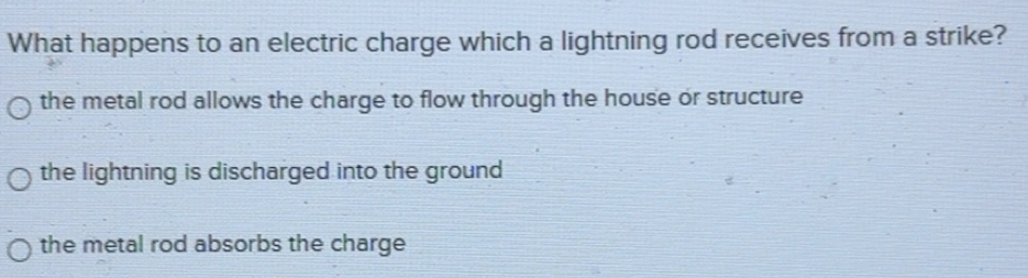 Solved: What happens to an electric charge which a lightning rod ...