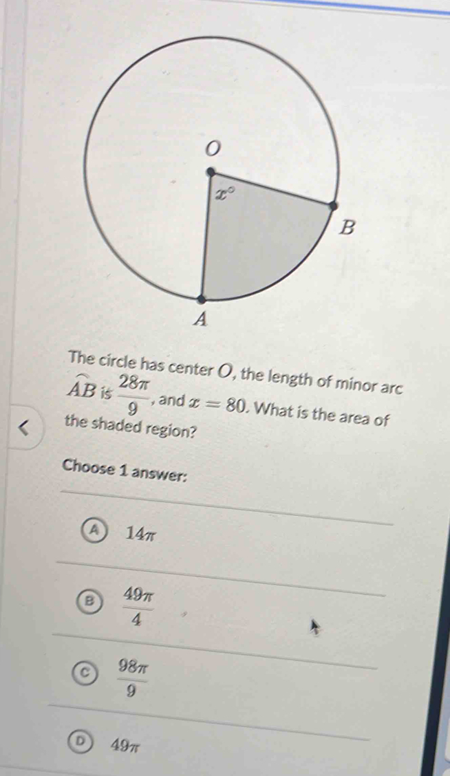 Solved: The circle has center O, the length of minor arc widehat AB 28π /9 , and x=80. What is t ...