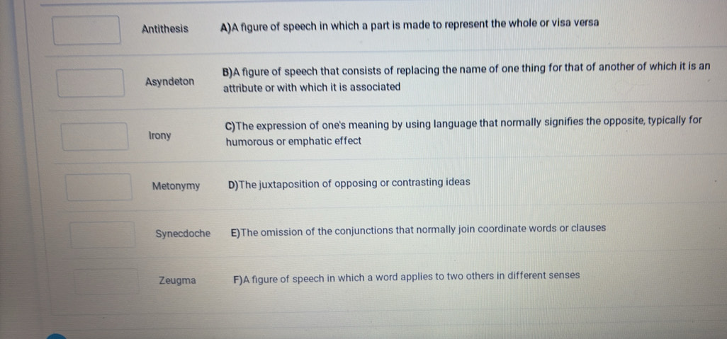 Solved: Antithesis A)A figure of speech in which a part is made to ...