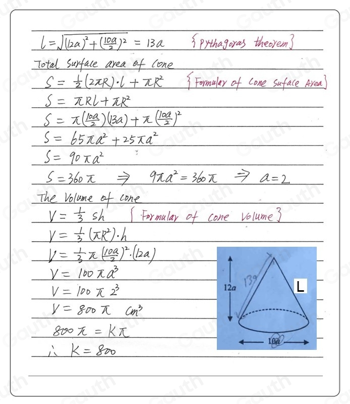 Selesai:The diagram shows a solid cone. The diameter of the base of the ...
