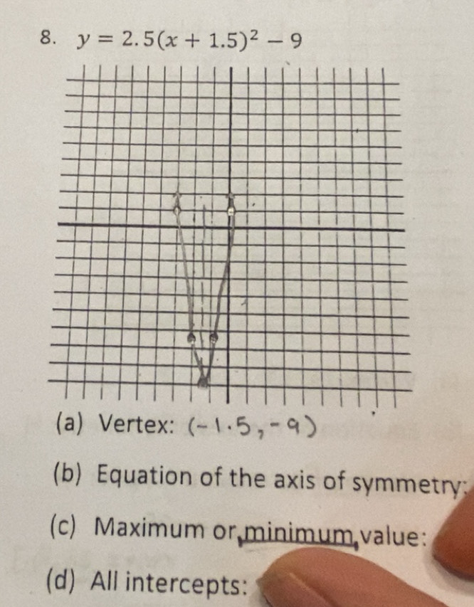Solved: y=2.5(x+1.5)^2-9 a (a) Vertex: 1.5, -9 (b) Equation of the axis ...