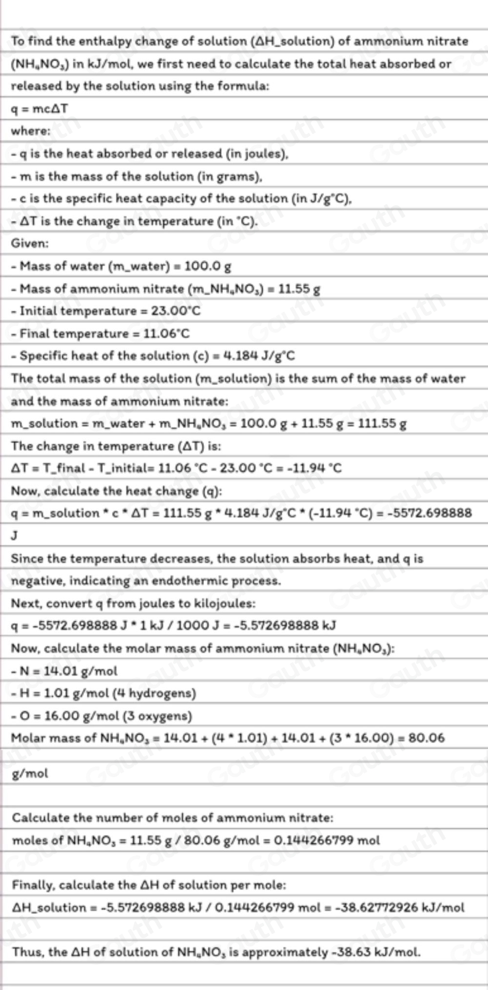 Solved: When 11.55 grams of ammonium nitrate (NH_4NO_3) are dissolved in 100.0 grams of water at ...