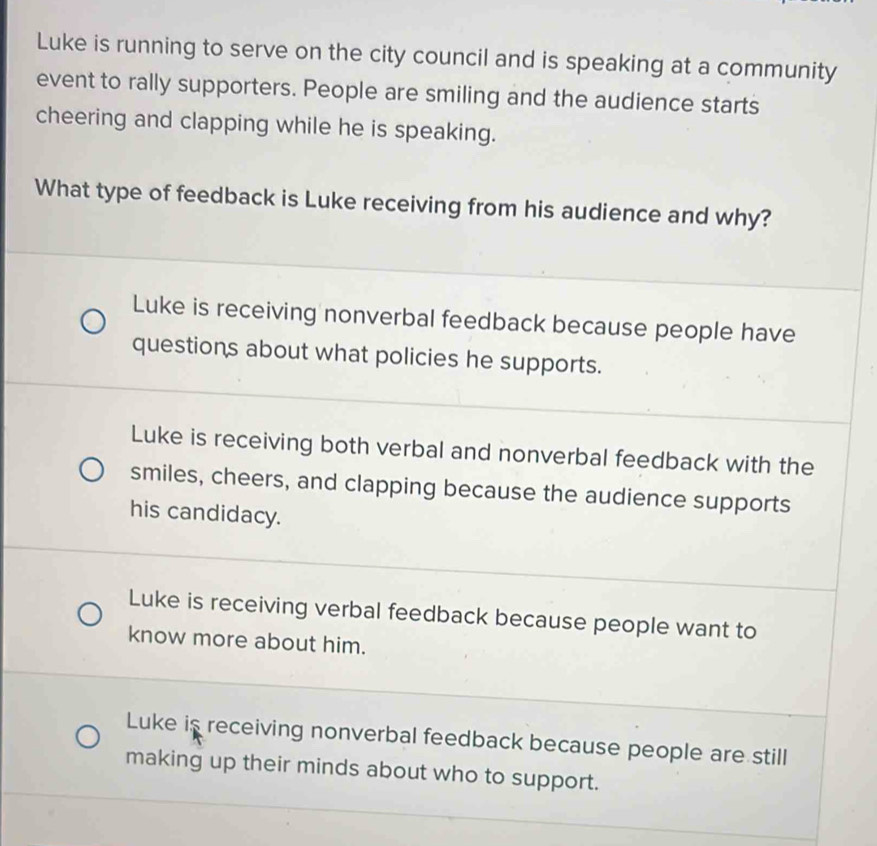 Solved: Luke is running to serve on the city council and is speaking at ...