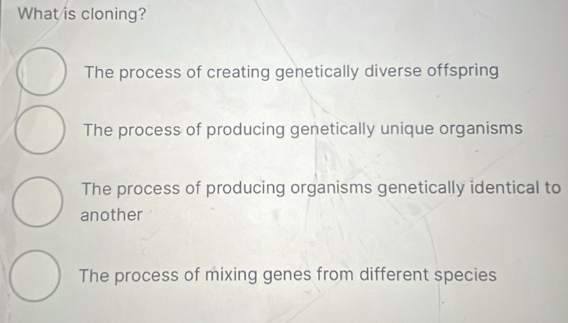 Solved: What is cloning? The process of creating genetically diverse ...