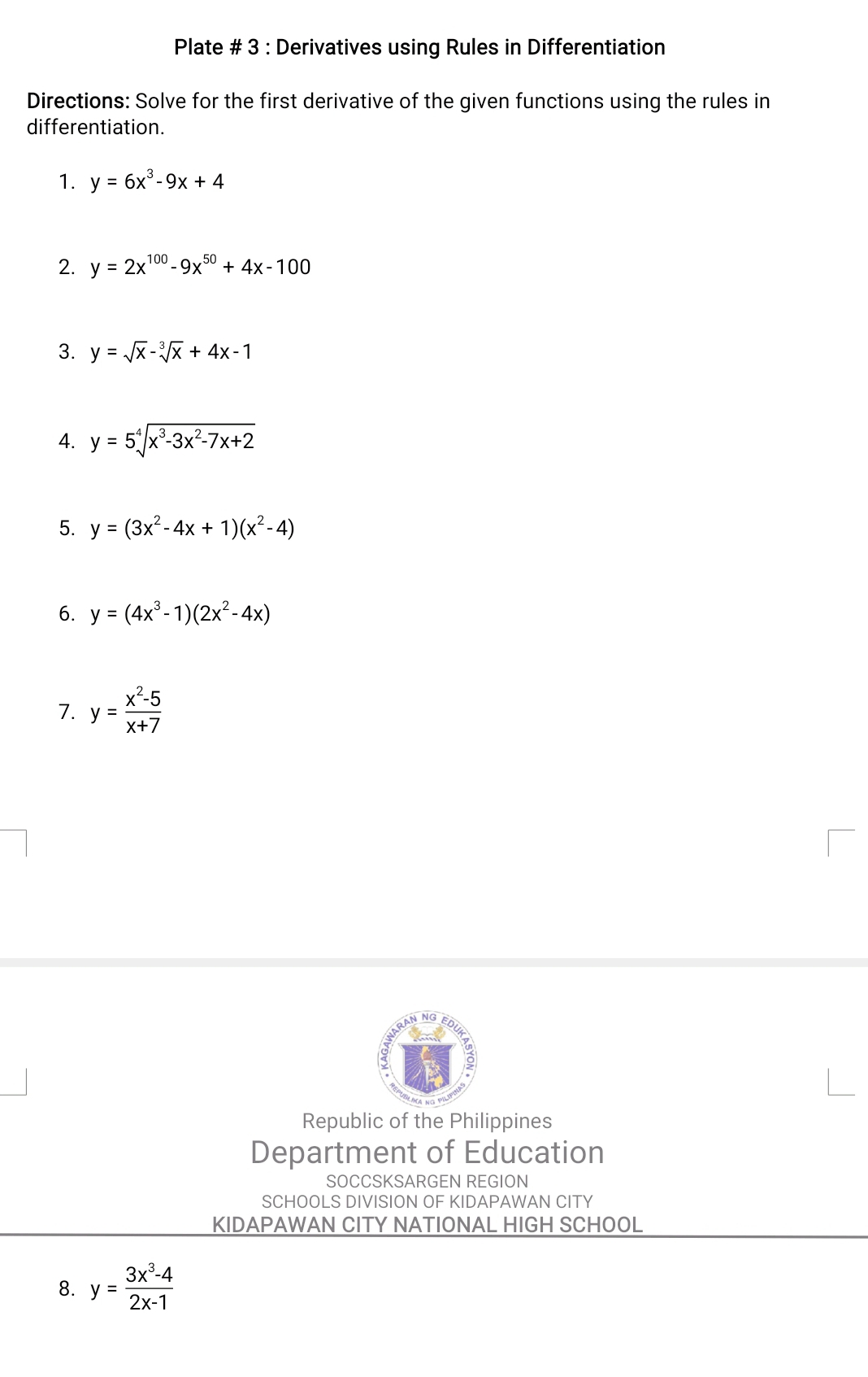 Solved: Plate # 3 : Derivatives using Rules in Differentiation ...