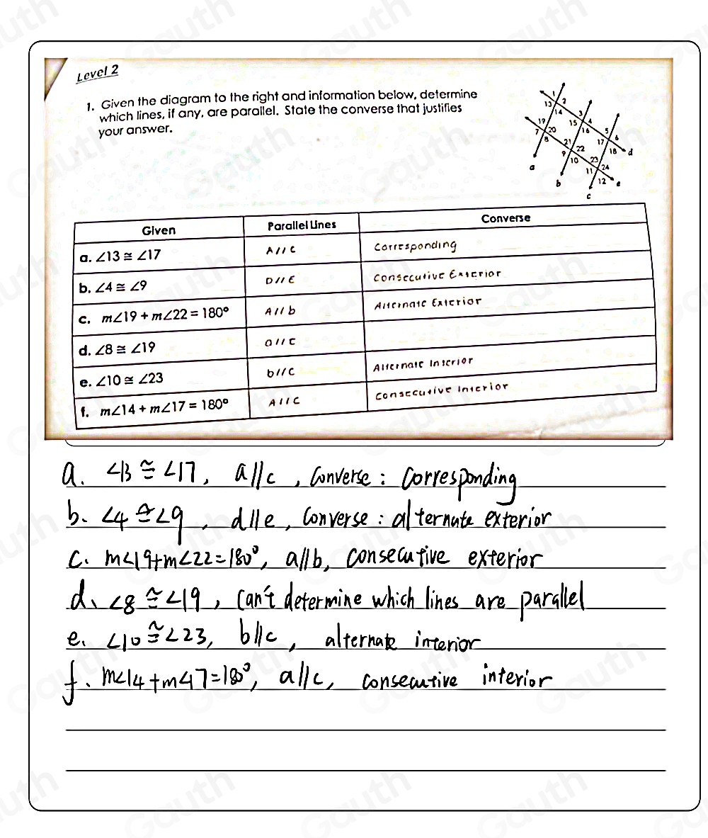Solved: Level 2 1. Given the diagram to the right and information below, determine which lines ...