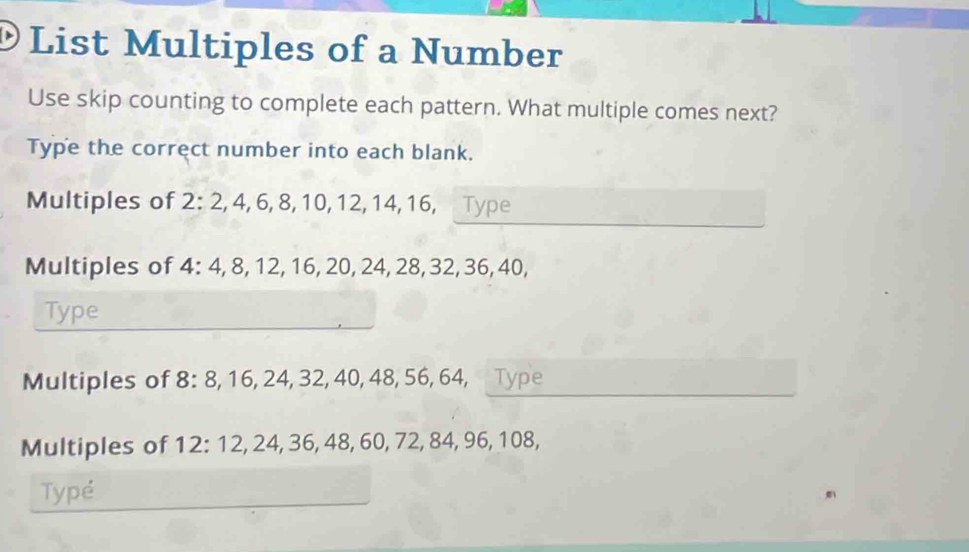 Solved: List Multiples of a Number Use skip counting to complete each ...