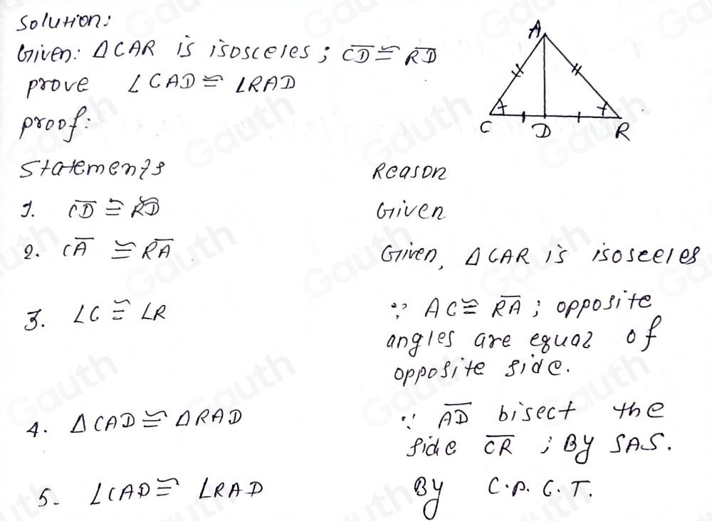 Solved: Given: Delta CAR is isosceles; overline CD≌ overline RD Prove: ∠ CAD ≌ ∠ AAD Proof: Sta ...