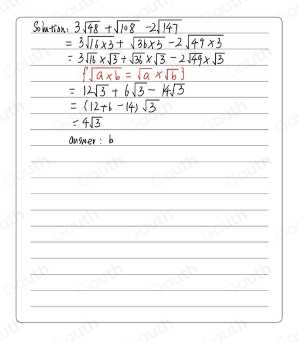 Telah dijawab:Bentuk sederhana dari 3sqrt(48)+ sqrt(108)-2sqrt(147 ...