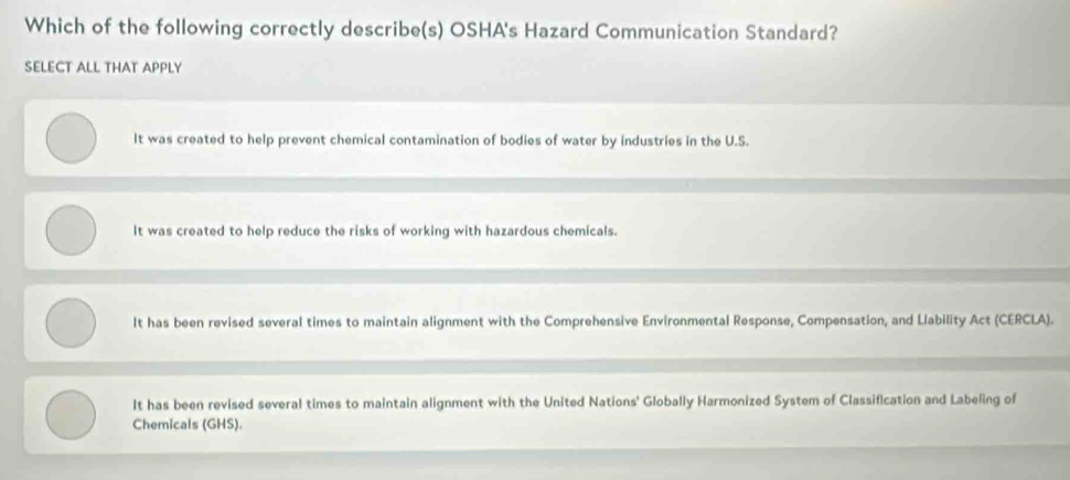 Solved: Which of the following correctly describe(s) OSHA's Hazard ...
