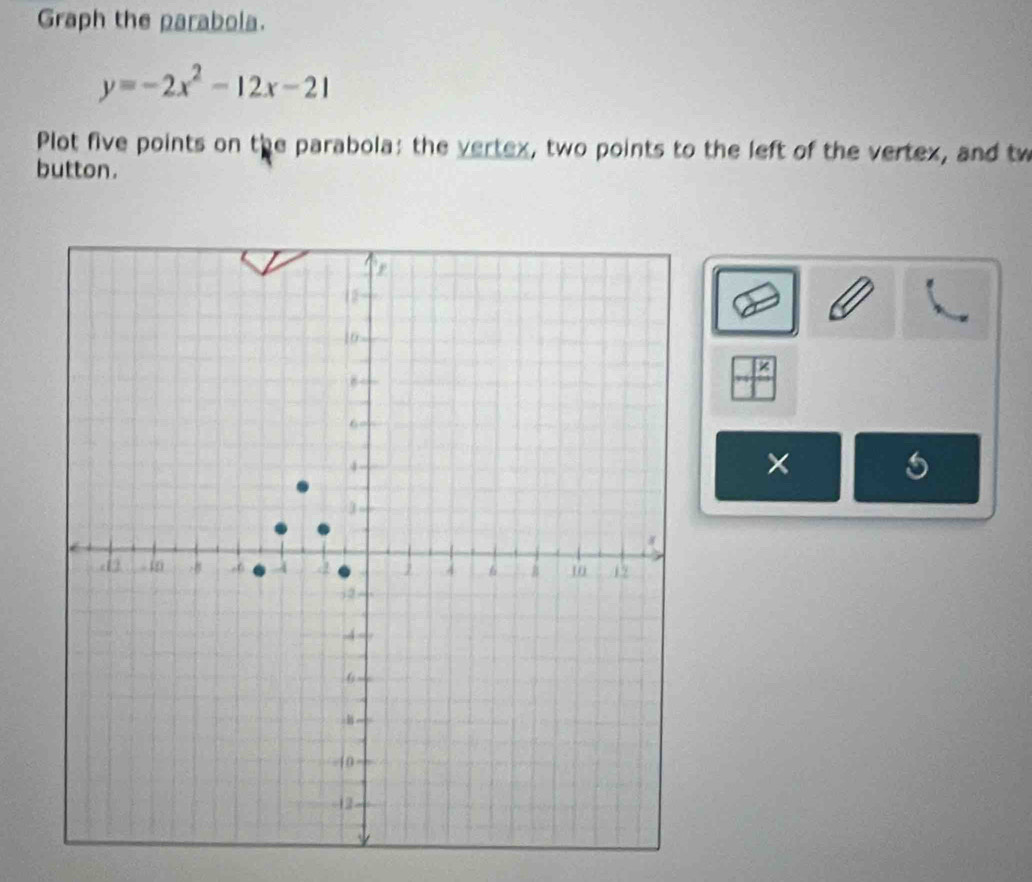 Solved: Graph the parabola. y=-2x^2-12x-21 Plot five points on the ...