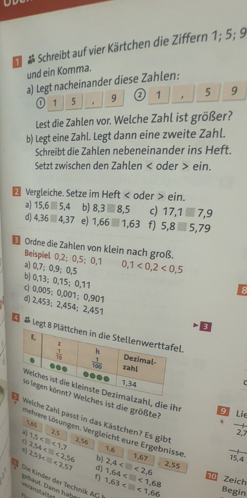 Gelöst:Schreibt auf vier Kärtchen die Ziffern 1; 5; 9 und ein Komma. a ...