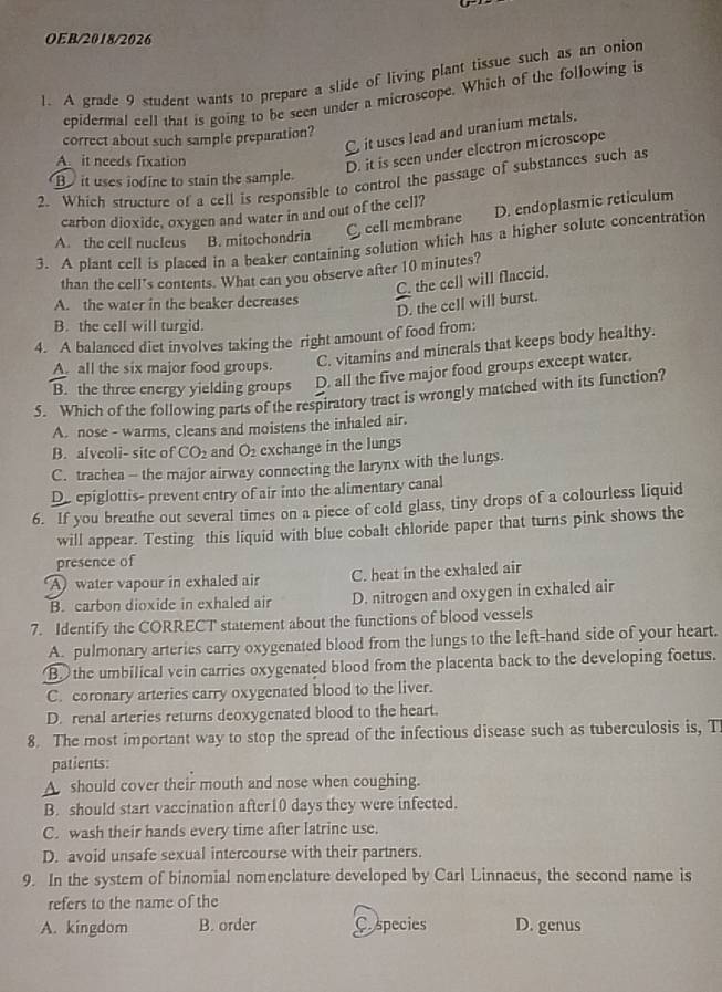 Solved: OEB/2018/2026 1. A grade 9 student wants to prepare a slide of ...