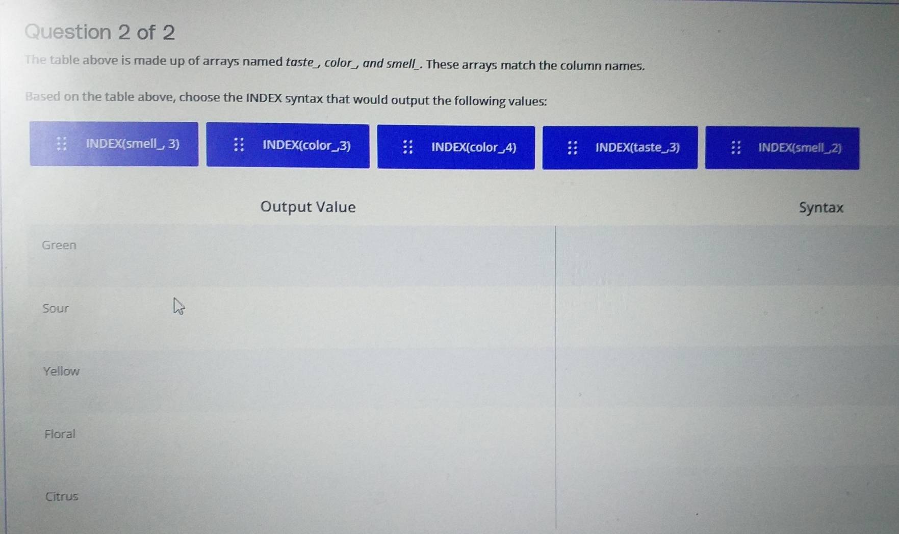 Solved: The table above is made up of arrays named taste_, color_, and ...