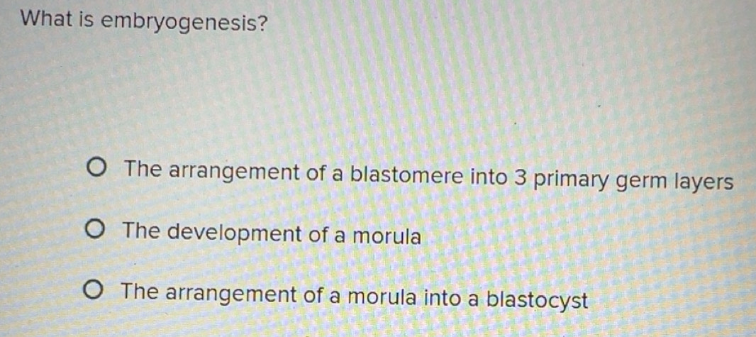 Solved: What is embryogenesis? The arrangement of a blastomere into 3 ...