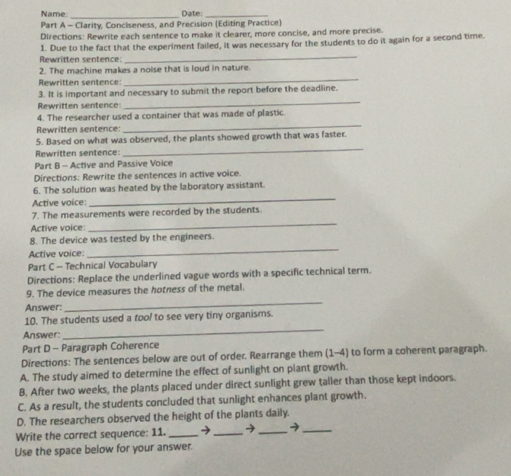 Solved: Name: _Date:_ Part A - Clarity, Conciseness, and Precision ...