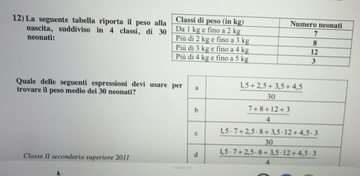 Risolto:La seguente tabella riporta il peso a nascita, suddiviso in 4 ...