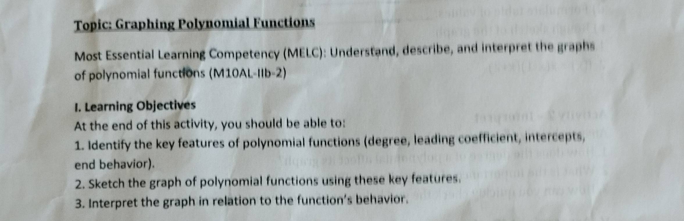 Solved: Topic: Graphing Polynomial Functions Most Essential Learning Competency (MELC ...