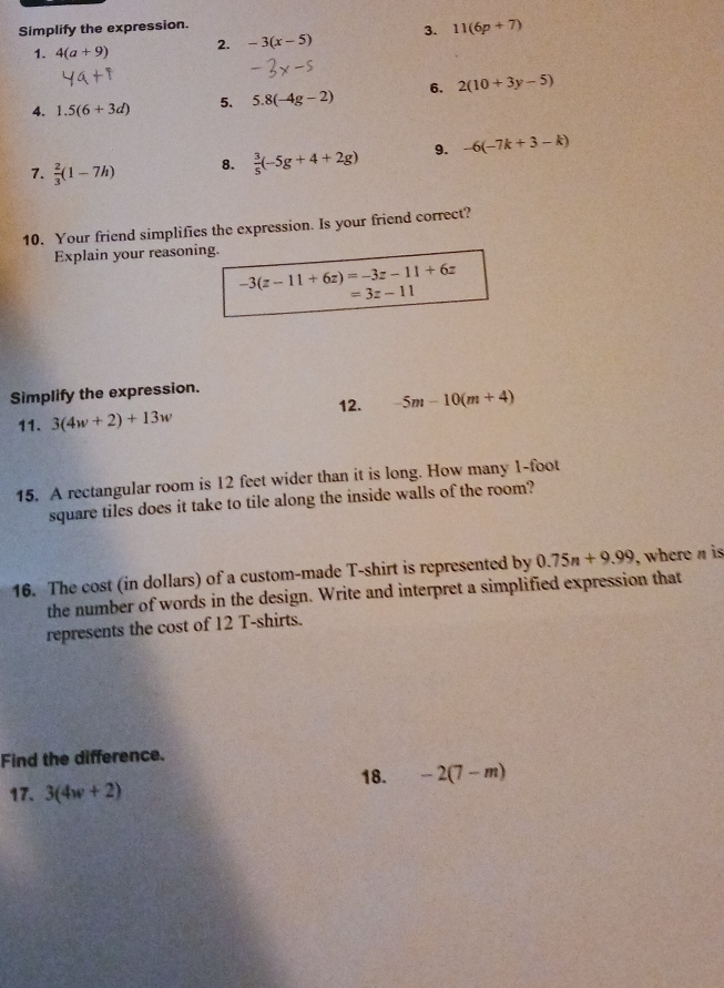 Simplify the expression. 1. 4(a+9) 2. -3(x-5) 3. 11(6p+7) 4. 1.5(6+3d ...
