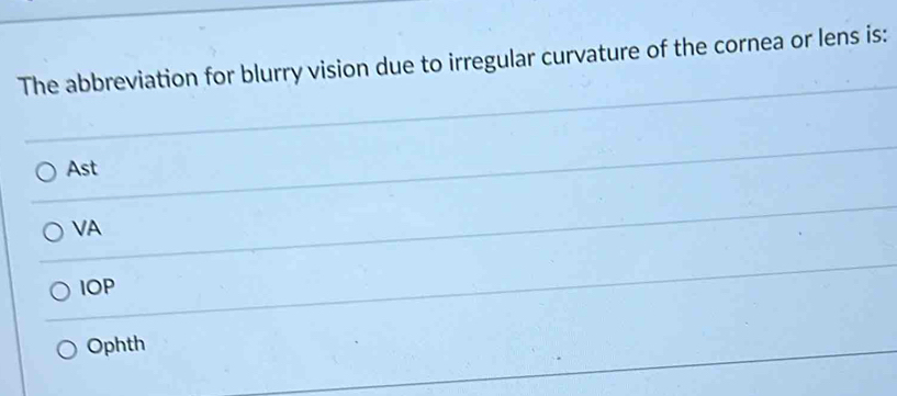 Solved: The abbreviation for blurry vision due to irregular curvature ...
