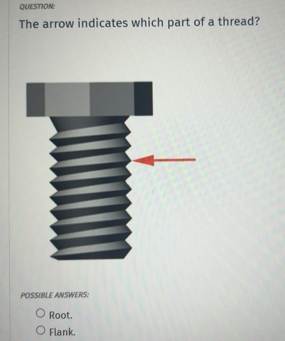 Solved: The arrow indicates which part of a thread? POSSIBLE ANSWERS ...