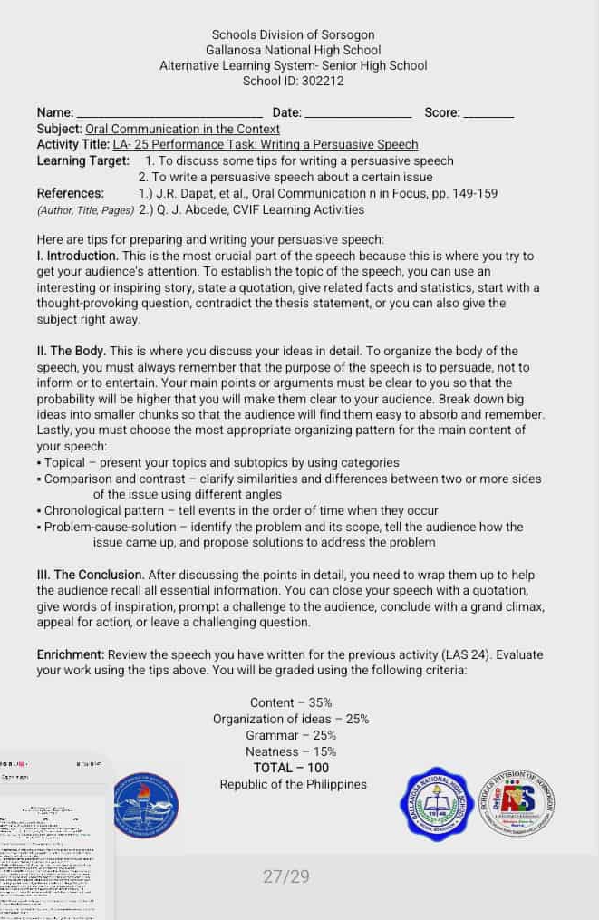 Solved: Schools Division of Sorsogon Gallanosa National High School ...
