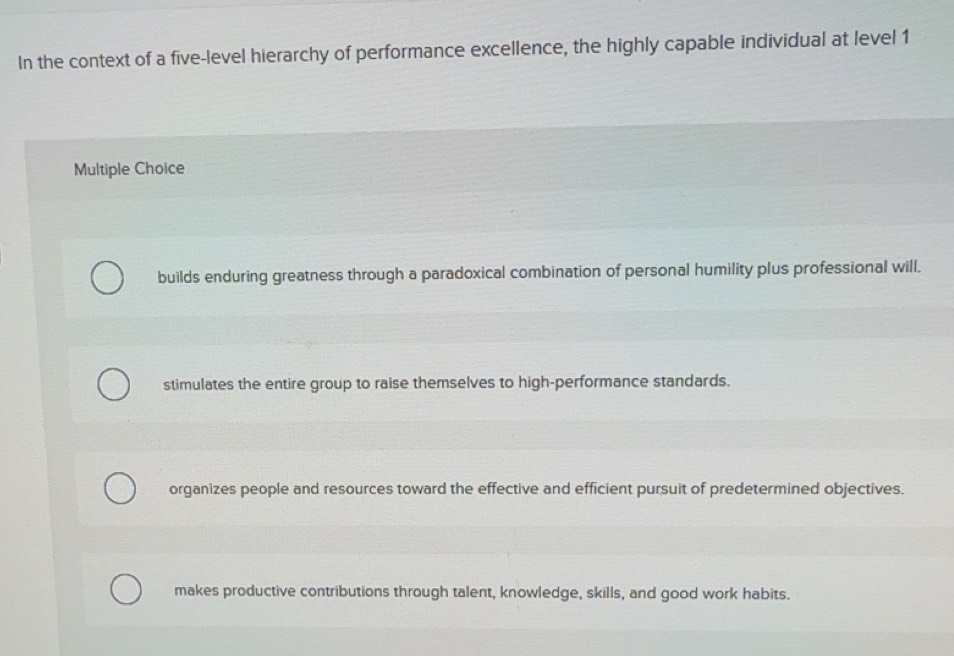 Solved: In the context of a five-level hierarchy of performance ...