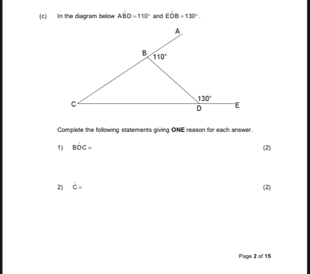 Solved: In the diagram below Ahat BD=110° and Ehat DB=130°. Complete ...