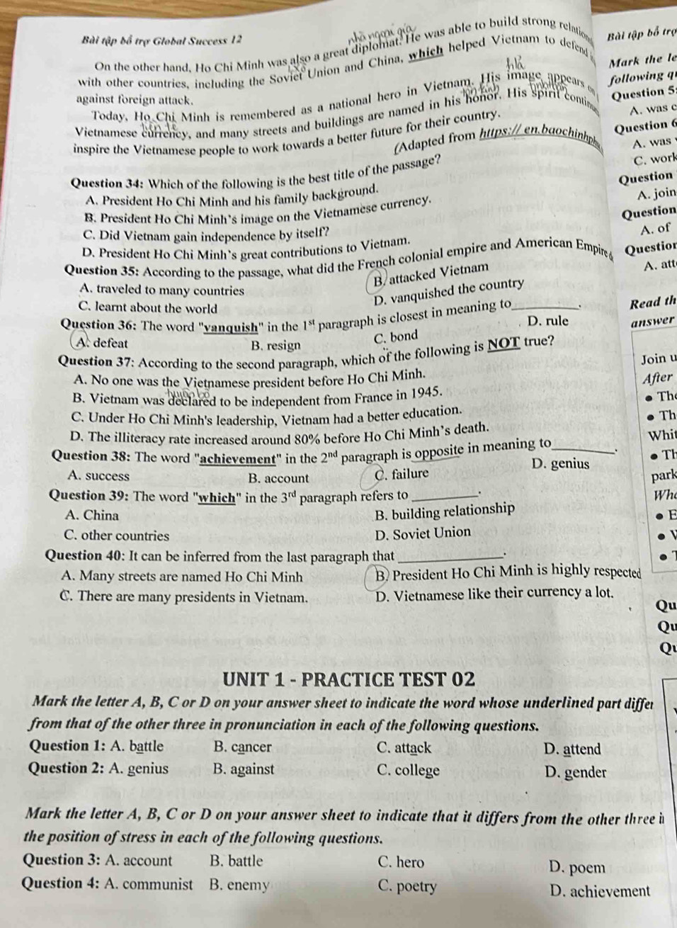 Giải quyết:Bài tập bố trợ Global Success 12 On the other hand. Ho Chi ...