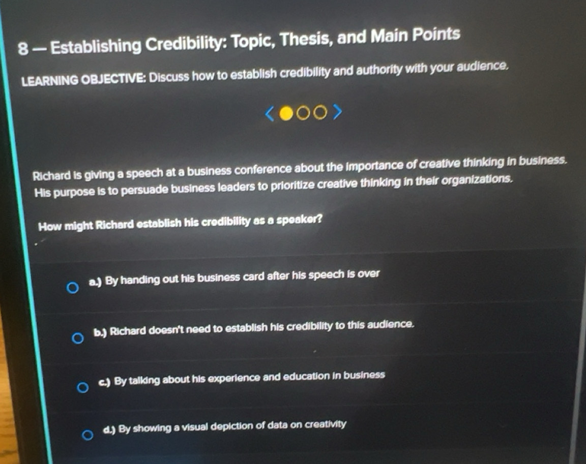 Solved: 8 — Establishing Credibility: Topic, Thesis, and Main Points ...