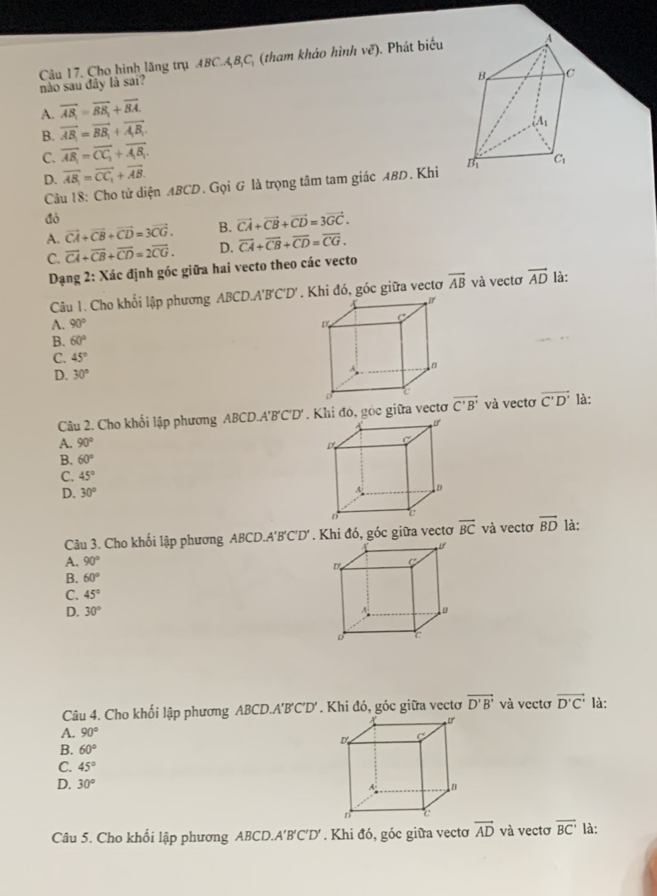 Giải quyết:Cho hình lăng trụ 4 RC 1ABC, (tham khảo hình vẽ). Phát biểu ...