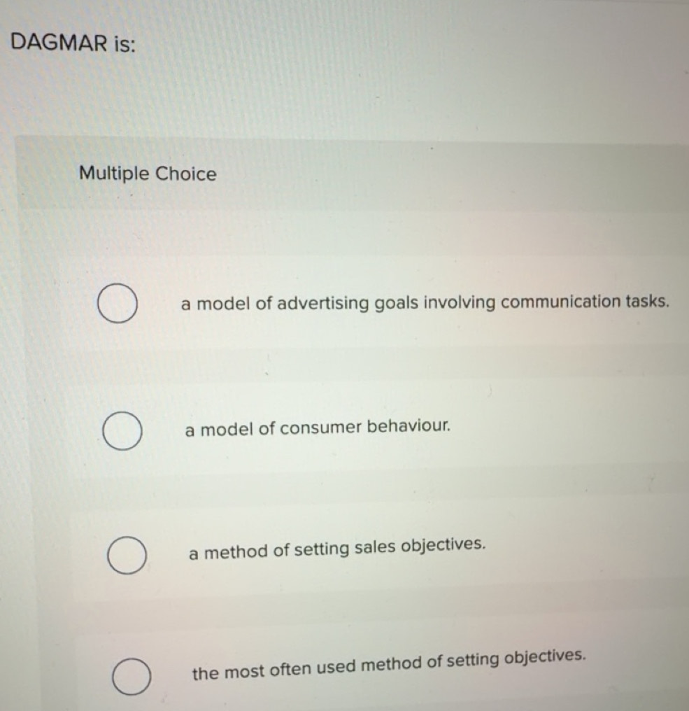 Solved: DAGMAR is: Multiple Choice a model of advertising goals ...