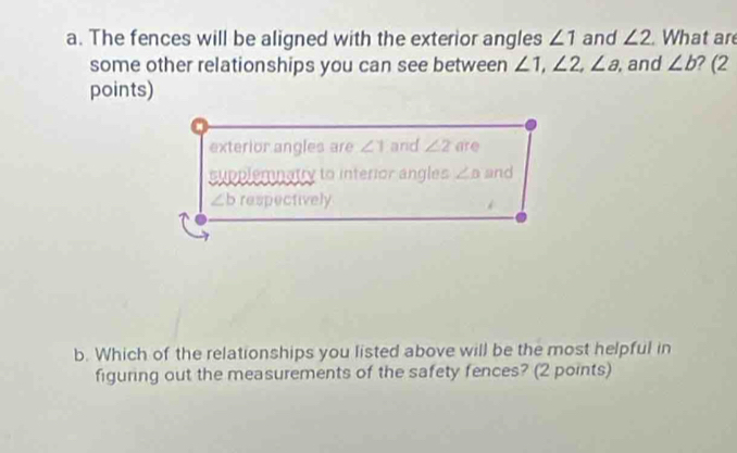 Solved: The fences will be aligned with the exterior angles ∠ 1 and ∠ 2 ...