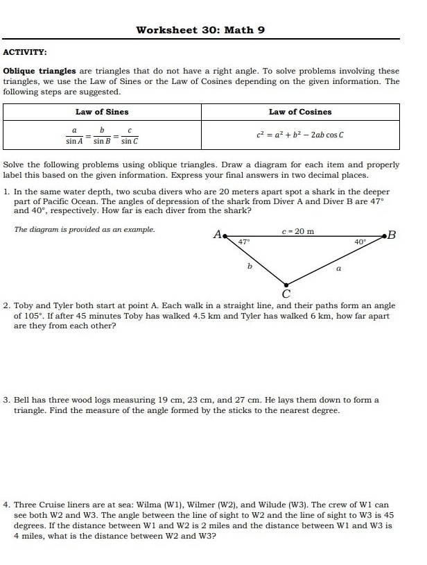 Solved: Worksheet 30: Math 9 ACTIVITY: Oblique triangles are triangles ...